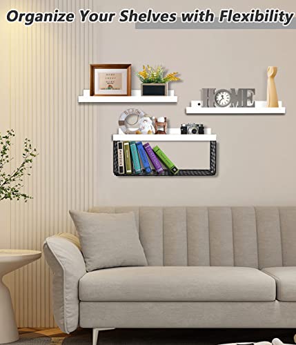 DABIGE Wall Mounted Floating Shelves, 3 Sets Wood Bathroom Shelves with Wire Storage Basket & Hooks, Farmhouse Floating Shelf for Wall Decor, Bedroom, Living Room, Kitchen, Plants, Books – White