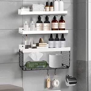 DABIGE Wall Mounted Floating Shelves, 3 Sets Wood Bathroom Shelves with Wire Storage Basket & Hooks, Farmhouse Floating Shelf for Wall Decor, Bedroom, Living Room, Kitchen, Plants, Books – White