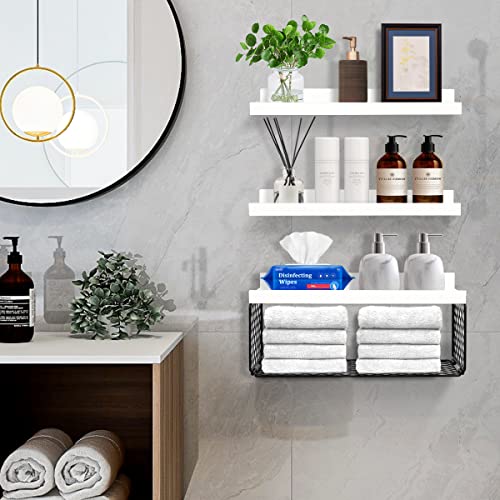 DABIGE Wall Mounted Floating Shelves, 3 Sets Wood Bathroom Shelves with Wire Storage Basket & Hooks, Farmhouse Floating Shelf for Wall Decor, Bedroom, Living Room, Kitchen, Plants, Books – White