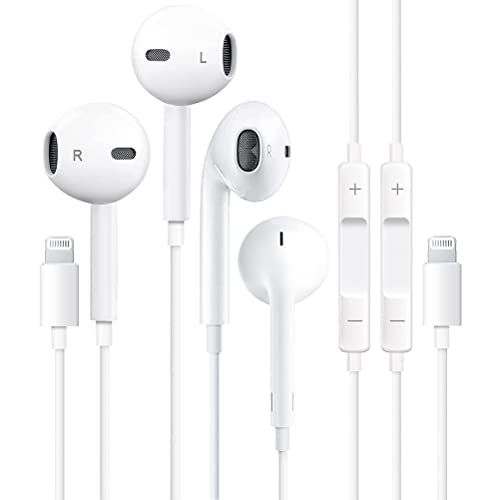 2 Pack iPhone Headphones Lightning Earphones Earbuds, Wired in Ear Stereo Noise Canceling Isolating Headphones for iPhone 14 13 12 11 Pro Max X XS 8 7 SE, White (Built in Microphone & Volume Control)