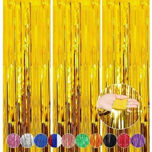 Mtkocpk 3-Pack 3.2x8 Feet Gold Foil Fringe Backdrop Curtains Party Decorations - Perfect for Parties, Baby Showers, Gender Reveals, and Disco Fun, Party Backdrops Decor