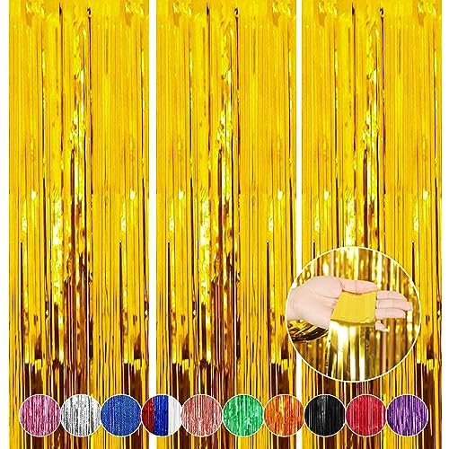 Mtkocpk 3-Pack 3.2x8 Feet Gold Foil Fringe Backdrop Curtains Party Decorations - Perfect for Parties, Baby Showers, Gender Reveals, and Disco Fun, Party Backdrops Decor