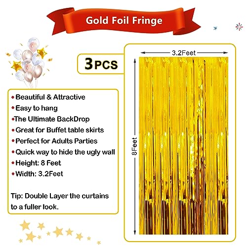 Mtkocpk 3-Pack 3.2x8 Feet Gold Foil Fringe Backdrop Curtains Party Decorations - Perfect for Parties, Baby Showers, Gender Reveals, and Disco Fun, Party Backdrops Decor