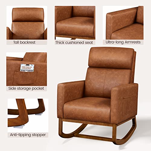 Yaheetech Leather Glider Chair, Modern Rocking Chair, Nursery Faux Leather Glider Chair with Rubber Wood Legs and Side Pocket, Rocking Accent Armchair for Living Room, Bedroom, Brown