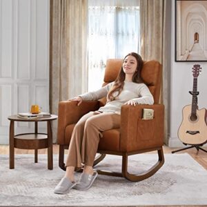 Yaheetech Leather Glider Chair, Modern Rocking Chair, Nursery Faux Leather Glider Chair with Rubber Wood Legs and Side Pocket, Rocking Accent Armchair for Living Room, Bedroom, Brown