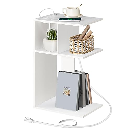 MAHANCRIS End Table with Charging Station, Narrow Side Table for Small Spaces, Slim Nightstand with Light, C-Shaped Beside Table with Storage Shelf, for Bedroom, Living Room, White ETWT78E01