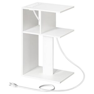 MAHANCRIS End Table with Charging Station, Narrow Side Table for Small Spaces, Slim Nightstand with Light, C-Shaped Beside Table with Storage Shelf, for Bedroom, Living Room, White ETWT78E01