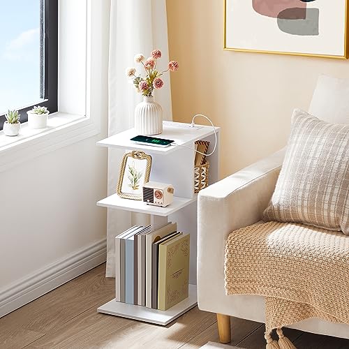 MAHANCRIS End Table with Charging Station, Narrow Side Table for Small Spaces, Slim Nightstand with Light, C-Shaped Beside Table with Storage Shelf, for Bedroom, Living Room, White ETWT78E01