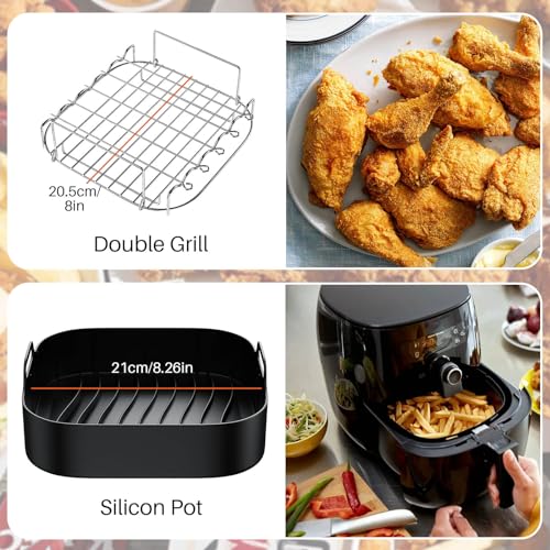 FUNYKICH 8inch Square Air Fryer Accessories, 10PCS XL Air Fryers Accessory Set Fit for 4.5-6.8QT COSORI Ninja Philips Gowise Gourmia Chefman and Other Square Air Fryer, BPA Free, Dishwasher Safe