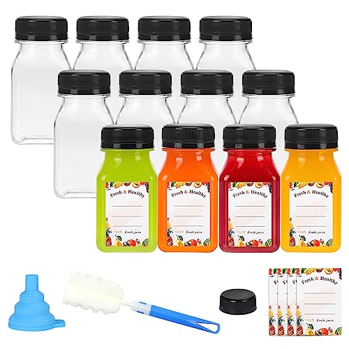 Moretoes 12pcs 4oz Plastic Juice Bottles with Caps Mini Empty Reusable Clear Water Containers with Tamper Proof Lids Black for Milk Juice Smoothies and Other Beverages