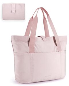 bagsmart tote bag for women, foldable tote bag with zipper large shoulder bag top handle handbag for travel, work (pink)