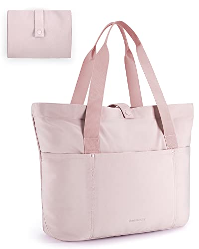 BAGSMART Tote Bag for Women, Foldable Tote Bag With Zipper Large Shoulder Bag Top Handle Handbag for Travel, Work (Pink)