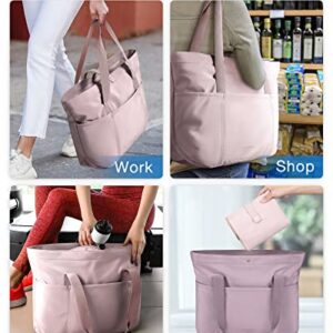 BAGSMART Tote Bag for Women, Foldable Tote Bag With Zipper Large Shoulder Bag Top Handle Handbag for Travel, Work (Pink)