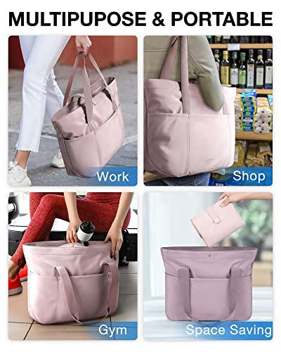 BAGSMART Tote Bag for Women, Foldable Tote Bag With Zipper Large Shoulder Bag Top Handle Handbag for Travel, Work (Pink)