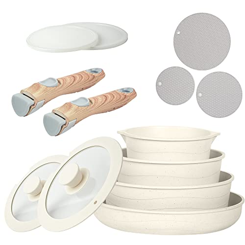 Caannasweis Pots and Pans Set Nonstick, Detachable Handle Cookware Sets, Stackable Induction Kitchen Cookware with Removable Handle, Non Stick RV and Camping Cookware, Dishwasher and Oven Safe, Beige