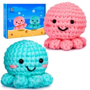 crochetta crochet kit for beginners, amigurumi crocheting animals kits w step-by-step video tutorials, knitting starter pack for adults and kids, jumbo 2 octopus familly (40%+ yarn content)