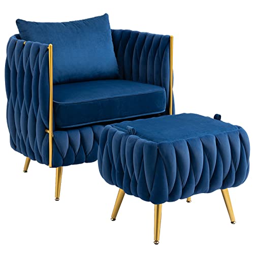 NIOIIKIT Modern Velvet Accent Chair with Storage Ottoman, Upholstered Hand Woven Lounge Chair with Pillow, Luxury Armchair, Vanity Chair for Living Room, Bedroom, Office (Navy)