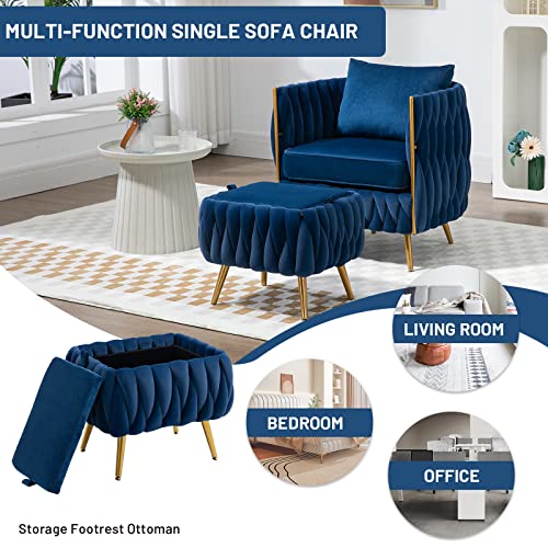 NIOIIKIT Modern Velvet Accent Chair with Storage Ottoman, Upholstered Hand Woven Lounge Chair with Pillow, Luxury Armchair, Vanity Chair for Living Room, Bedroom, Office (Navy)