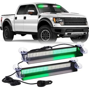 xridonsen emergency dash strobe lights 144 led green white warning hazard safety 2x 14.5 inch front/rear interior windshield lights w/suction cups deck split mount for firefighter vehicles trucks