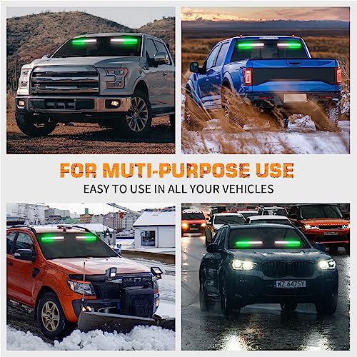 XRIDONSEN Emergency Dash Strobe Lights 144 LED Green White Warning Hazard Safety 2x 14.5 inch Front/Rear Interior Windshield Lights w/Suction Cups Deck Split Mount for Firefighter Vehicles Trucks