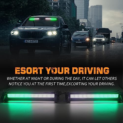 XRIDONSEN Emergency Dash Strobe Lights 144 LED Green White Warning Hazard Safety 2x 14.5 inch Front/Rear Interior Windshield Lights w/Suction Cups Deck Split Mount for Firefighter Vehicles Trucks