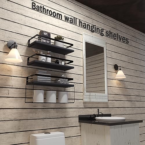 Floating Shelves with Storage Basket Rustic Solid Wood Bathroom Shelves Farmhouse Wall Hanging Shelf Mounted Wall Decor for Living Room Kitchen Pantry Bedroom Shelves Over Toilet (Black)