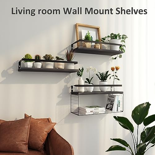 Floating Shelves with Storage Basket Rustic Solid Wood Bathroom Shelves Farmhouse Wall Hanging Shelf Mounted Wall Decor for Living Room Kitchen Pantry Bedroom Shelves Over Toilet (Black)