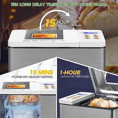 KEEPEEZ Bread Machine Dual-Heaters, 19-in-1 Horizontal Bread Maker, Gluten Free, Sourdough, Pizza Dough, Jam, Stir-Fry Setting, Stainless Steel, 3 Crust Colors, Nonstick Pan, Auto Keep Warm, Recipes