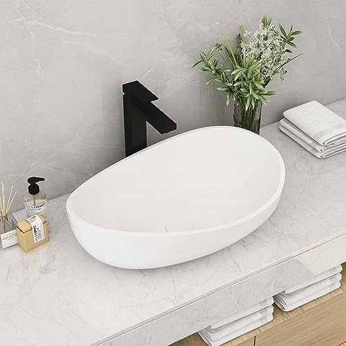 Weibath Oval Vessel Sink Stone Resin Bathroom Sink Modern Art Sink Matte White with Pop Up Drain (Matte White)