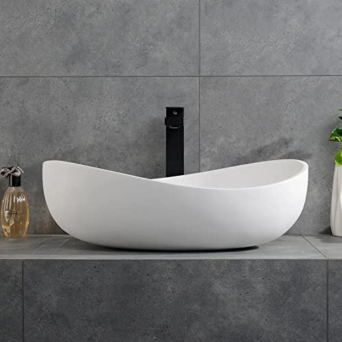 Weibath Oval Vessel Sink Stone Resin Bathroom Sink Modern Art Sink Matte White with Pop Up Drain (Matte White)