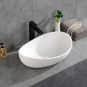 Weibath Oval Vessel Sink Stone Resin Bathroom Sink Modern Art Sink Matte White with Pop Up Drain (Matte White)