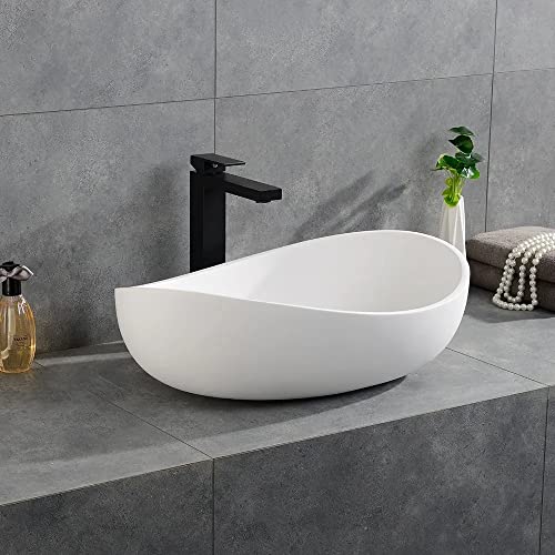 Weibath Oval Vessel Sink Stone Resin Bathroom Sink Modern Art Sink Matte White with Pop Up Drain (Matte White)