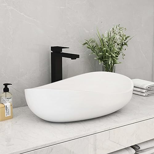 Weibath Oval Vessel Sink Stone Resin Bathroom Sink Modern Art Sink Matte White with Pop Up Drain (Matte White)