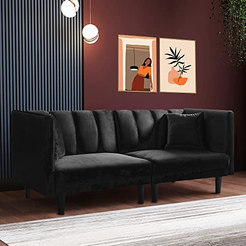 LCH Futon Bed Convertible Velvet, Modern Sleeper Sofa with 2 Pillows, 3 Adjustable Angles for Backrest, Living Room Couch with 7 Sturdy Metal Legs, Upholstered Loveseat for Home, Office, Black