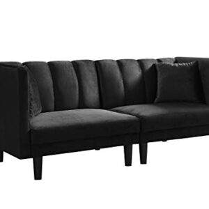 LCH Futon Bed Convertible Velvet, Modern Sleeper Sofa with 2 Pillows, 3 Adjustable Angles for Backrest, Living Room Couch with 7 Sturdy Metal Legs, Upholstered Loveseat for Home, Office, Black