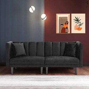 LCH Futon Bed Convertible Velvet, Modern Sleeper Sofa with 2 Pillows, 3 Adjustable Angles for Backrest, Living Room Couch with 7 Sturdy Metal Legs, Upholstered Loveseat for Home, Office, Black