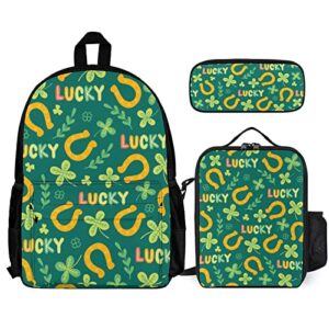 damtma clover green horseshoe backpack set 3 piece bookbags st patrick's day bookbags set lunchbox pencil case laptop backpack travel backpack 3pcs