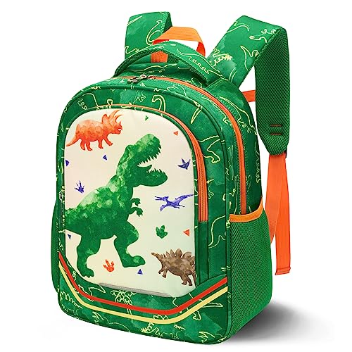 WAWSAM Dinosaur Backpack for Boys - 15” Green Boys School Backpack for Kids Preschool Kindergarten Elementary Schoolbag Book Shoulder Bags Hiking Travel Picnic Casual Backpack with Chest Strap