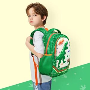 WAWSAM Dinosaur Backpack for Boys - 15” Green Boys School Backpack for Kids Preschool Kindergarten Elementary Schoolbag Book Shoulder Bags Hiking Travel Picnic Casual Backpack with Chest Strap