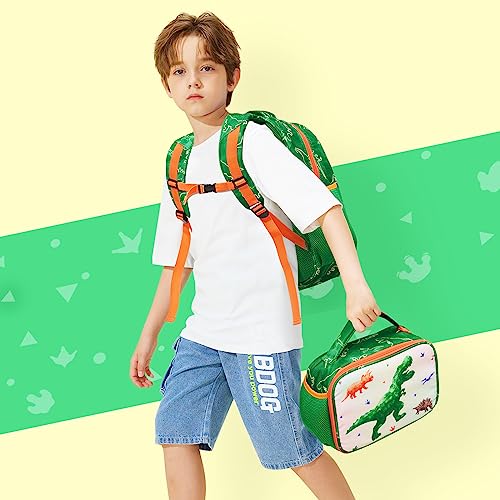 WAWSAM Dinosaur Backpack for Boys - 15” Green Boys School Backpack for Kids Preschool Kindergarten Elementary Schoolbag Book Shoulder Bags Hiking Travel Picnic Casual Backpack with Chest Strap