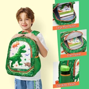 WAWSAM Dinosaur Backpack for Boys - 15” Green Boys School Backpack for Kids Preschool Kindergarten Elementary Schoolbag Book Shoulder Bags Hiking Travel Picnic Casual Backpack with Chest Strap