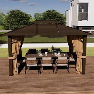 GAZEBEST 10' X 13' Permanent Hardtop Gazebo, Outdoor Galvanized Steel Double Roof with Horizontal Stripes Pavilion Pergola Canopy with Aluminum Frame and Privacy Curtains for Patio, Garden