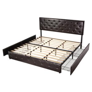 HOOMIC King Platform Storage Bed Frame with 4 Drawers & Adjustable Headboard, Wooden Slats, No Box Spring Needed,Diamond Stitched Button Tufted Design, Noise Free, Black Brown