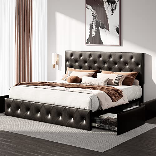 HOOMIC King Platform Storage Bed Frame with 4 Drawers & Adjustable Headboard, Wooden Slats, No Box Spring Needed,Diamond Stitched Button Tufted Design, Noise Free, Black Brown