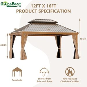 GAZEBEST 12' X 16' Permanent Hardtop Gazebo, Outdoor Galvanized Steel Double Roof Pavilion Canopy with Wood-Grain Coated Aluminum Frame and Privacy Curtains for Garden Patio,Backyard,Deck and Lawns