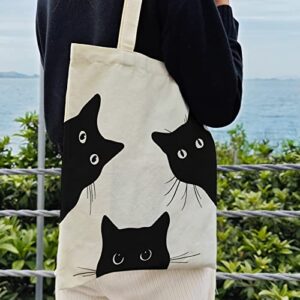 Dlzdn Black Cat Canvas Tote Bag For Women Aesthetic Cute Cat Tote Bag Shopping Grocery Bag Beach Bag Gifts for Women Teacher Bag Reusable Bag