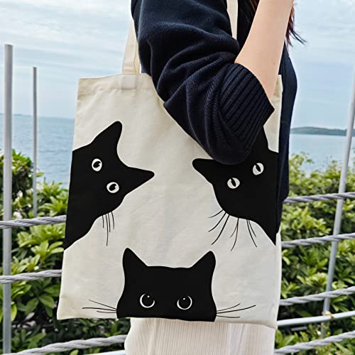 Dlzdn Black Cat Canvas Tote Bag For Women Aesthetic Cute Cat Tote Bag Shopping Grocery Bag Beach Bag Gifts for Women Teacher Bag Reusable Bag