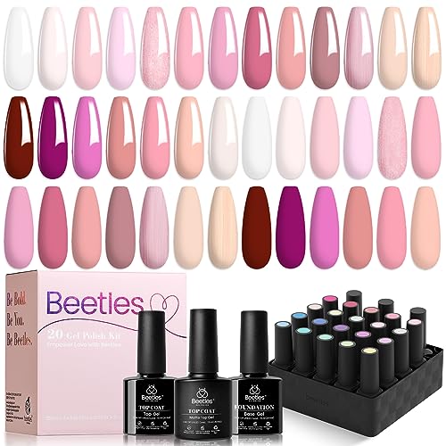 Beetles Gel Nail Polish 23Pcs Nail Set Dare to Bare Collection Nude Pink White Neutral Soak off Uv Led Lamp Needed Manicure with 3Pcs Base Matte and Glossy Top All Seasons for Girls Women