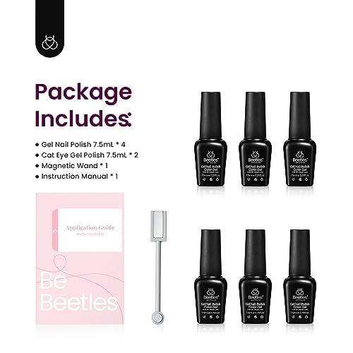 Beetles Cat Eye Gel Nail Polish Set 6 Colors, Glitter Nude Shiny Champagne Burgundy Gold Magnetic Effect Sparkle Stunning Fall Nail Uv Gel Polish Halloween Gifts for Women Girls 2023 Limited Colors