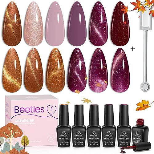 Beetles Cat Eye Gel Nail Polish Set 6 Colors, Glitter Nude Shiny Champagne Burgundy Gold Magnetic Effect Sparkle Stunning Fall Nail Uv Gel Polish Halloween Gifts for Women Girls 2023 Limited Colors